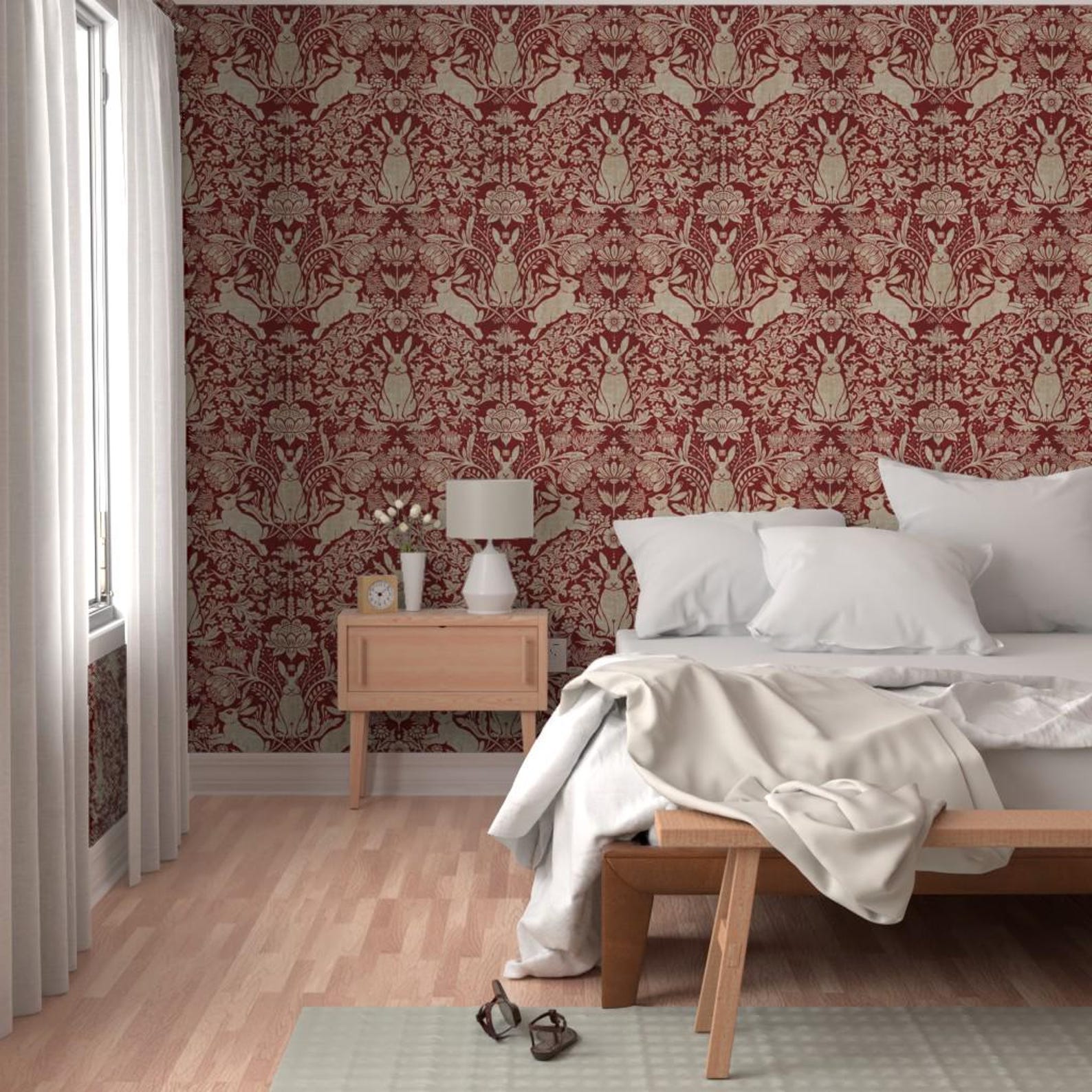 Victorian Damask Non-pasted Wallpaper Medieval Deep Red Beige - Rabbit ...