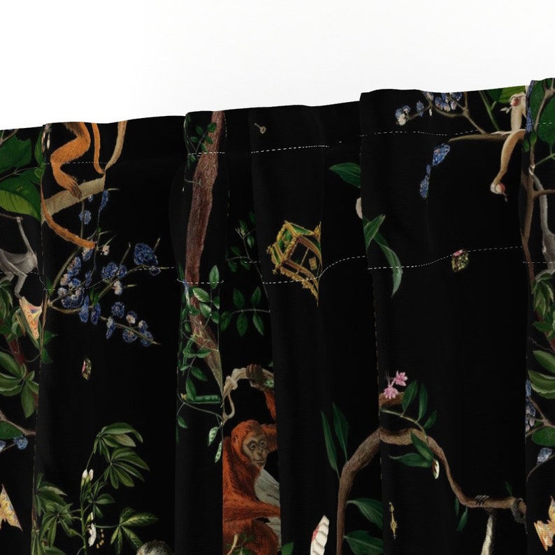 Exotic Monkey Curtain Panel - Jungle Forest Chinoiserie Black Green ...