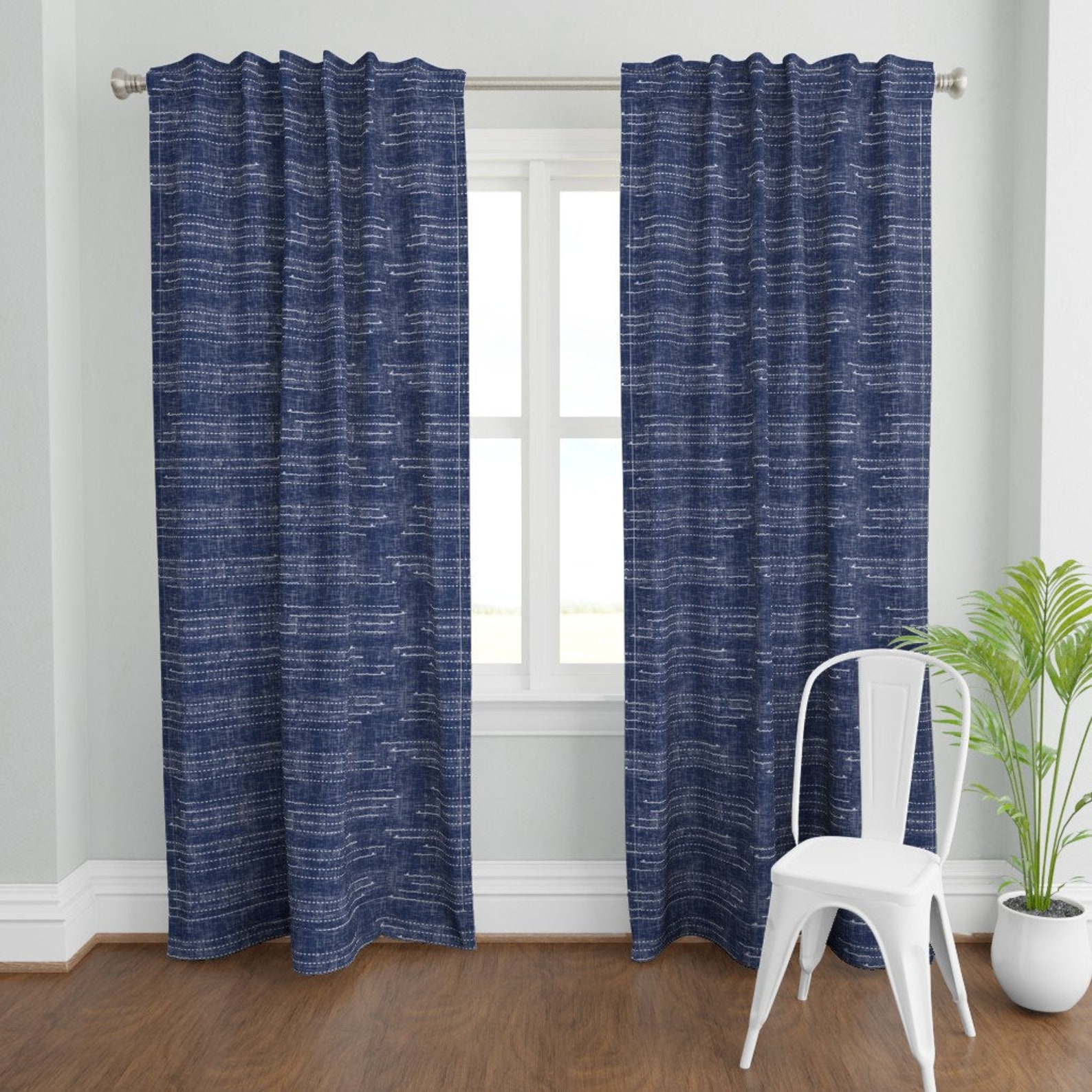 Indigo Lines Curtain Panel Shibori Stitches by Twigged - Etsy
