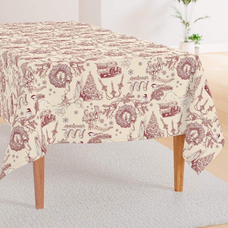 Holiday Toile Tablecloth - Holiday Traditions by Vinpauld - Red on ...