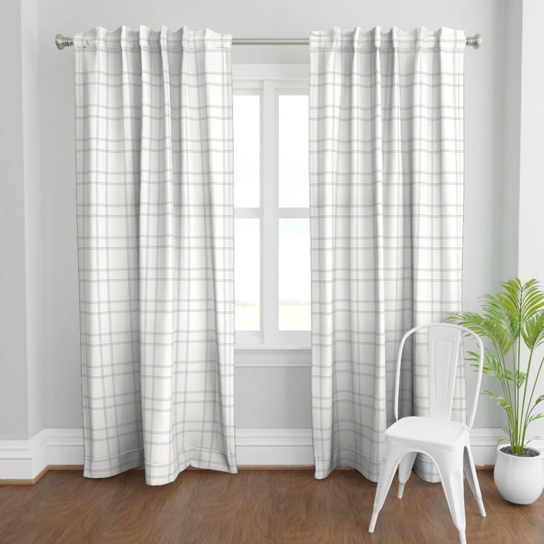 Farmhouse Check Curtain Panel - Soft Blue and Cream Simple Minimal ...
