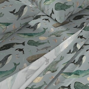 Sea Life Sheets - Whales Song Denim by Katherine_quinn - Boho Whales ...
