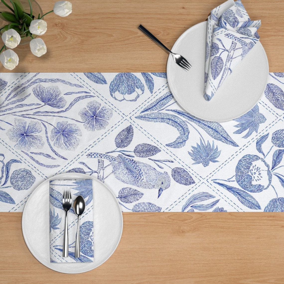 Blue Table Runner Floral Toile by Denesannadesign Flowers | Etsy