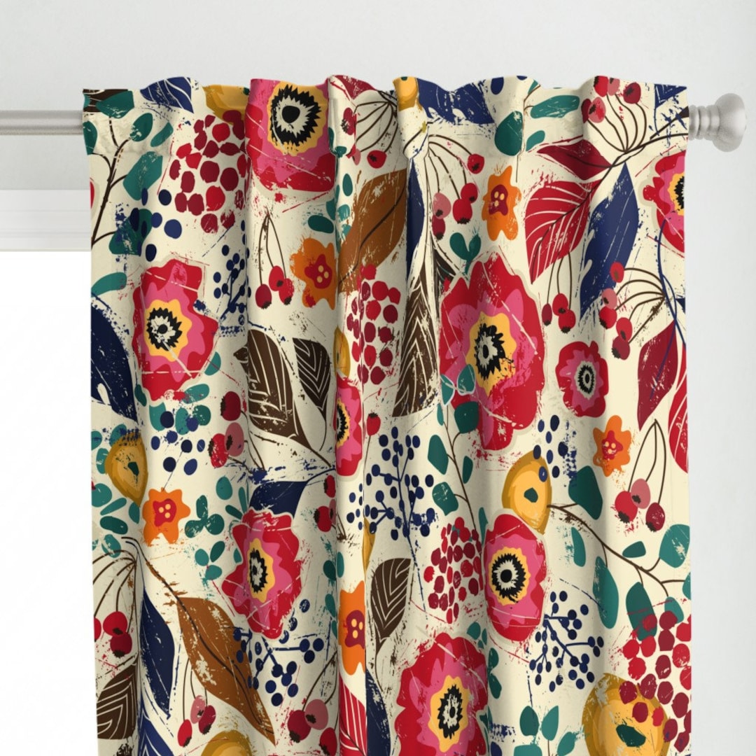 Folk Art Floral Curtain Panel - Botanical Wood Cut by Sarah_treu ...