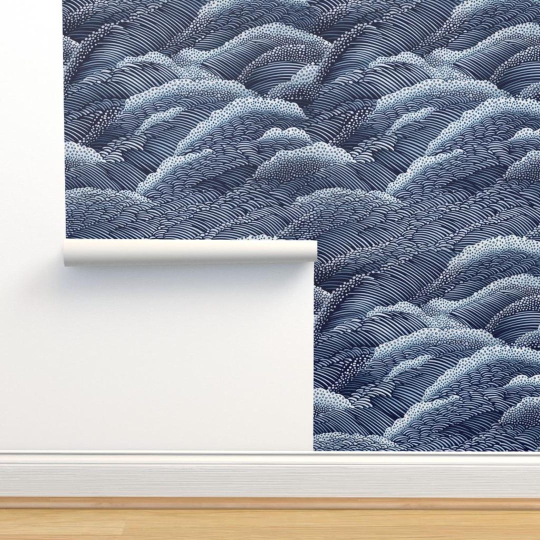 Indigo Waves Non-pasted Wallpaper - Rolling Navy Wave by Bicoinu ...