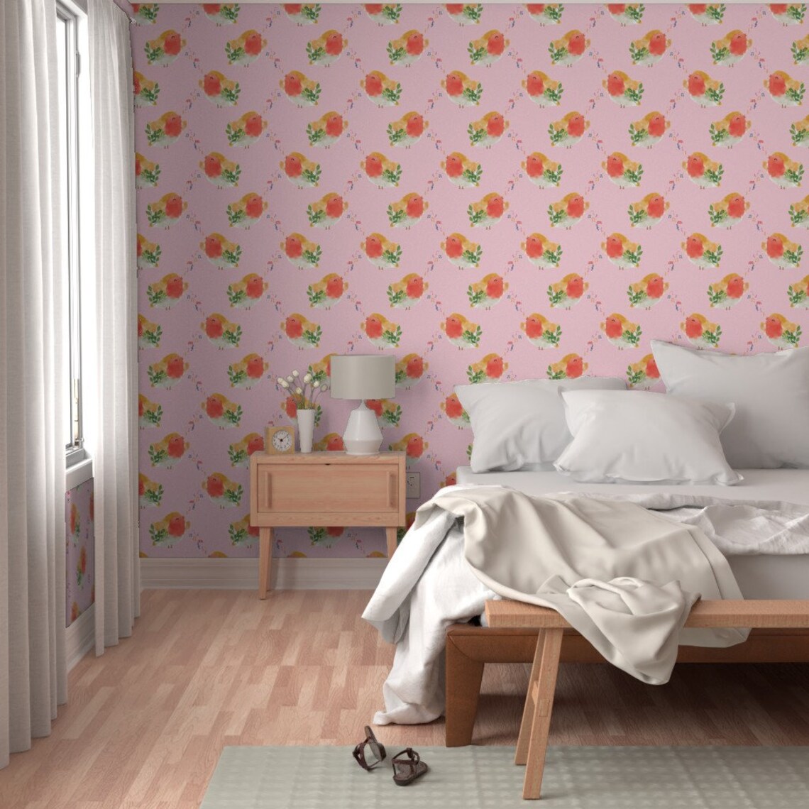 Watercolor Robin Non-pasted Wallpaper Pastel Rose Pink Songbird - Robin ...