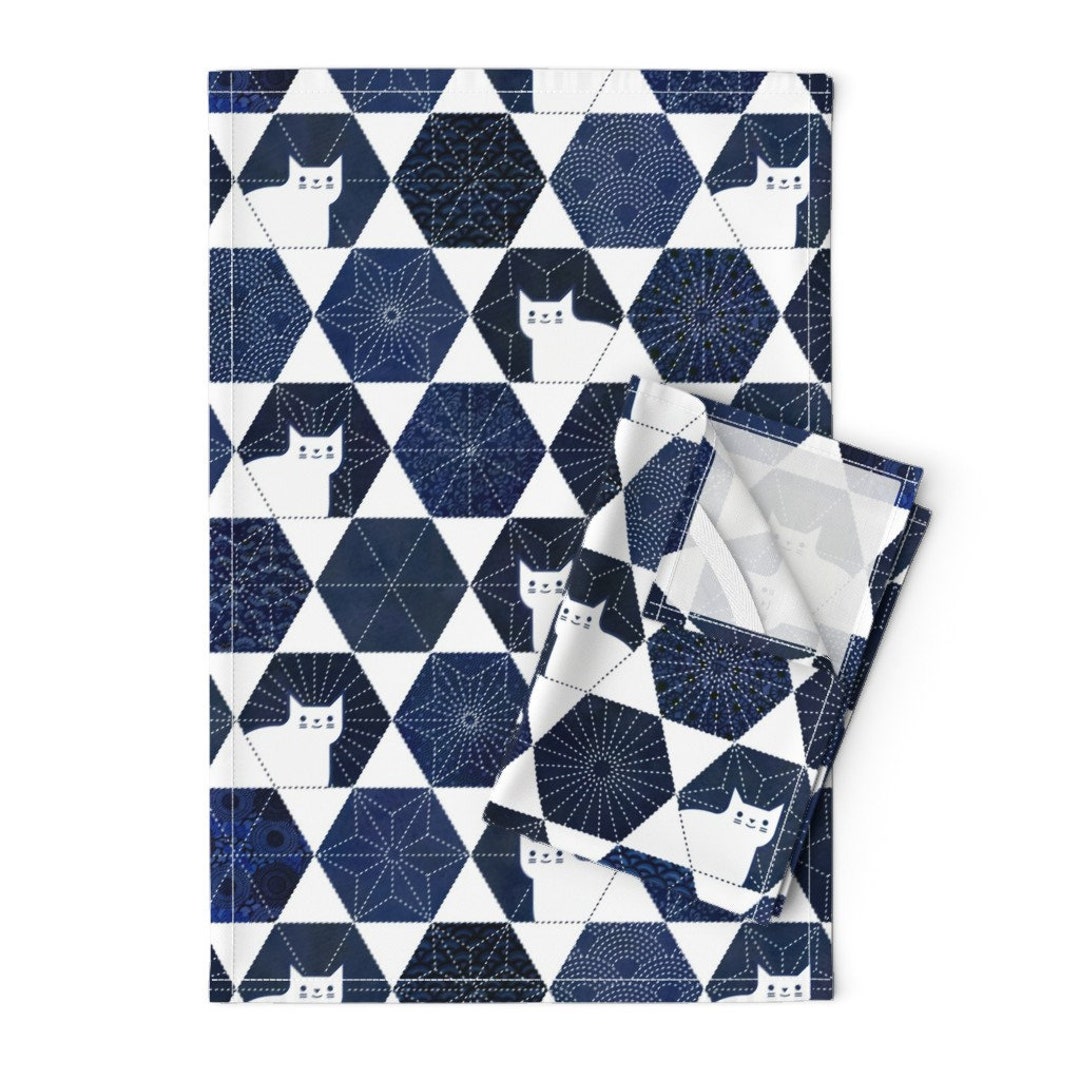 Indigo Cats Tea Towels set of 2 Sashiko Cats by Patricia_lima Blue ...