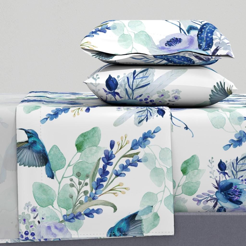 Watercolor Birds Sheets - Hummingbirds by Dawn_leblanc - Blue Green ...