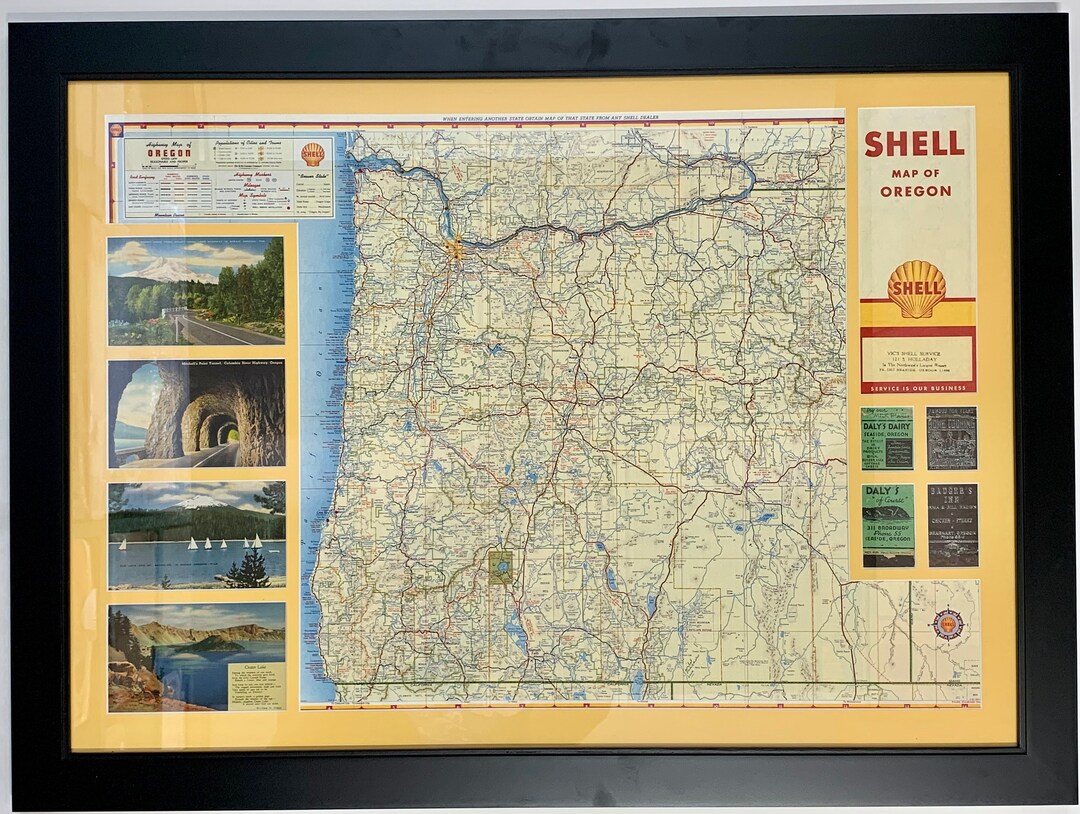 1951 Shell Oregon Road Map Seaside Gearhart OR Crater Lake Elk Mount ...
