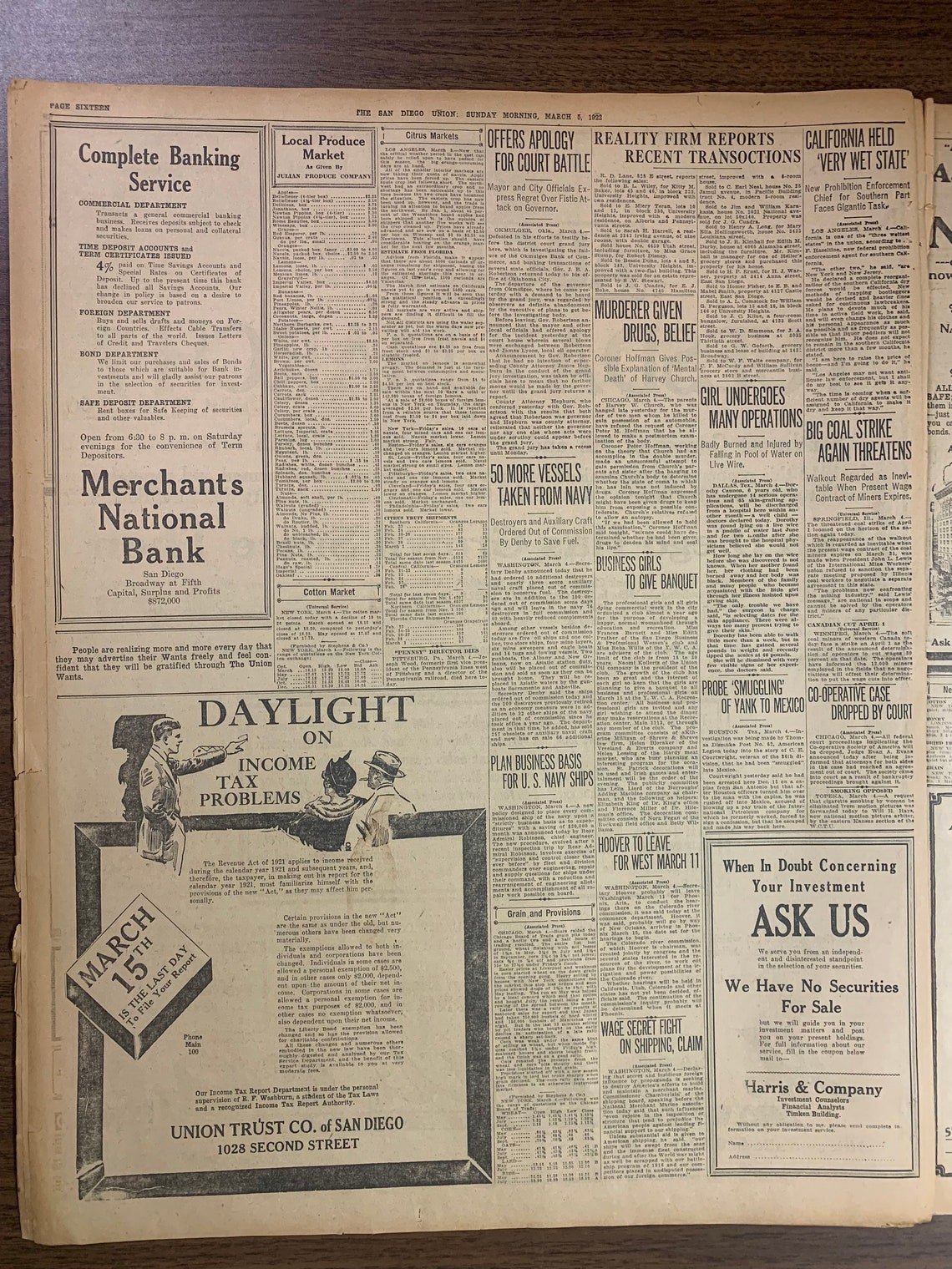 1922 March 5th 5 Section 2 100 Year Old Newspaper Vintage Old ...