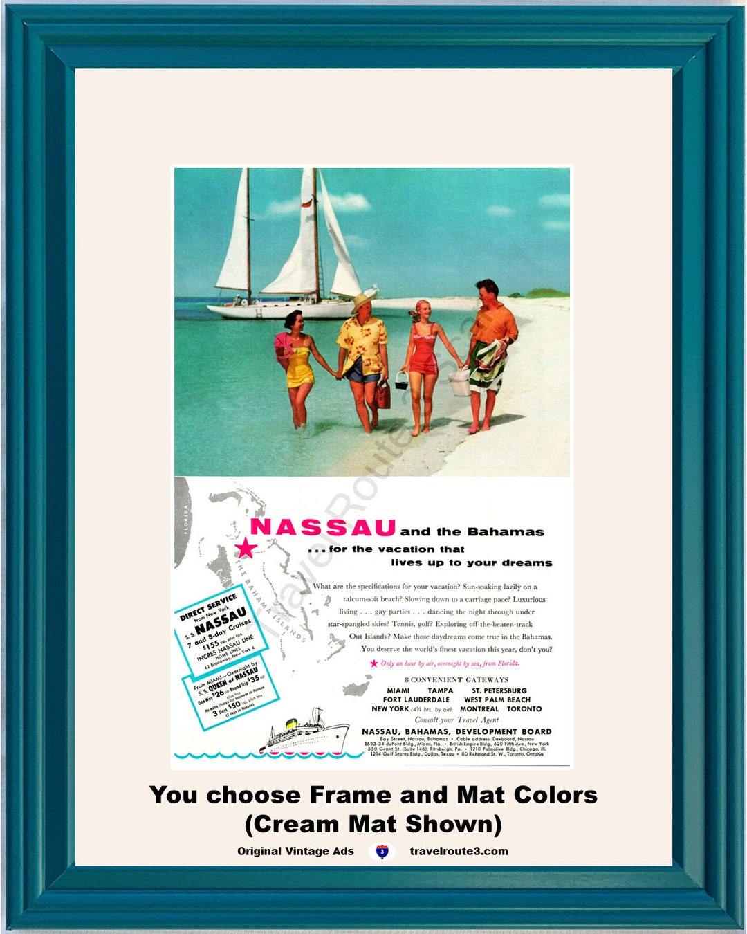 1955 Nassau Bahamas Travel Vintage Ad Sailboat Sail Boat Beach Ocean ...