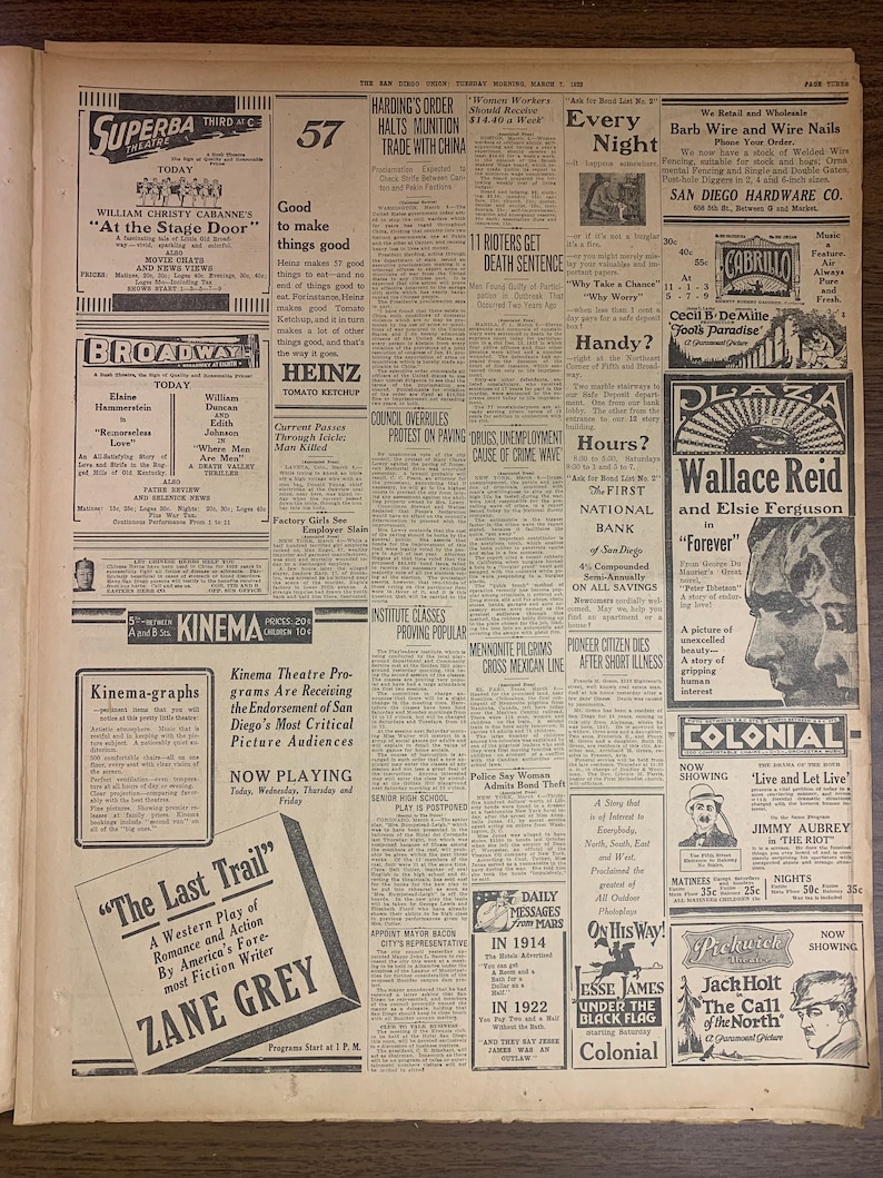 March 7th 7 1922 100 Year Old Newspaper Vintage Old Advertisements Ads ...