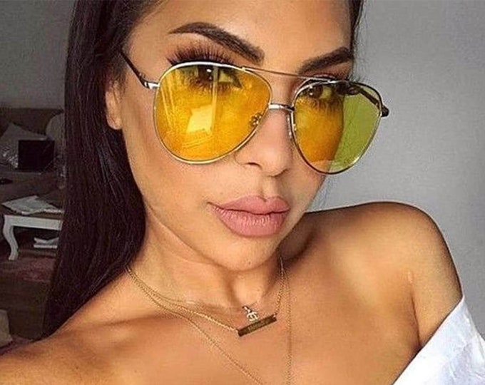 Oversized Aviator Sunglasses Women Yellow Lens Silver or - Etsy