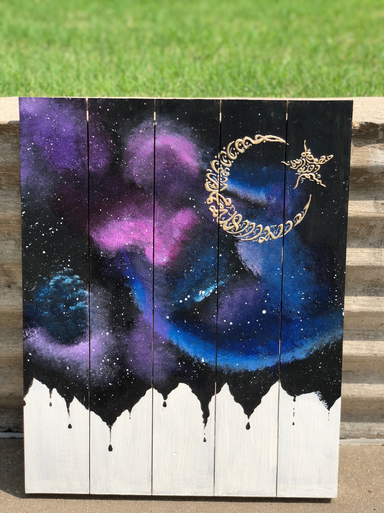 Modern Galaxy Drip Original Islamic Art Painting on Wood Slate Canvas ...