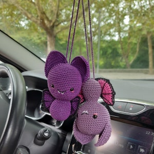 Bat Rear View Mirror Hanging Crochet Cute Purple Halloween Bat Car ...