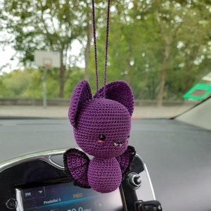 Bat Rear View Mirror Hanging Crochet Cute Purple Halloween Bat Car ...