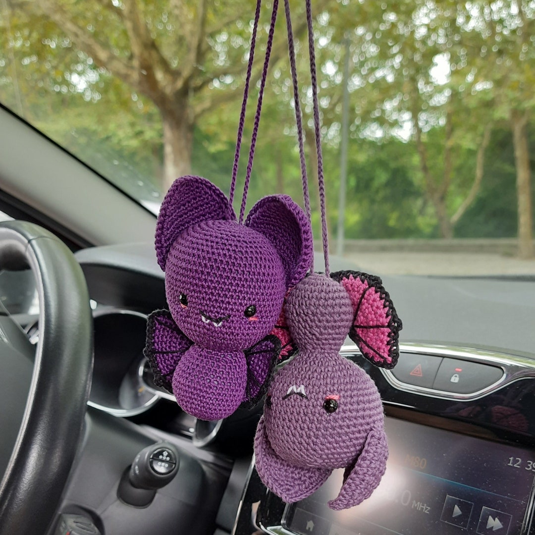 Bat Rear View Mirror Hanging Crochet Cute Purple Halloween Bat Car ...