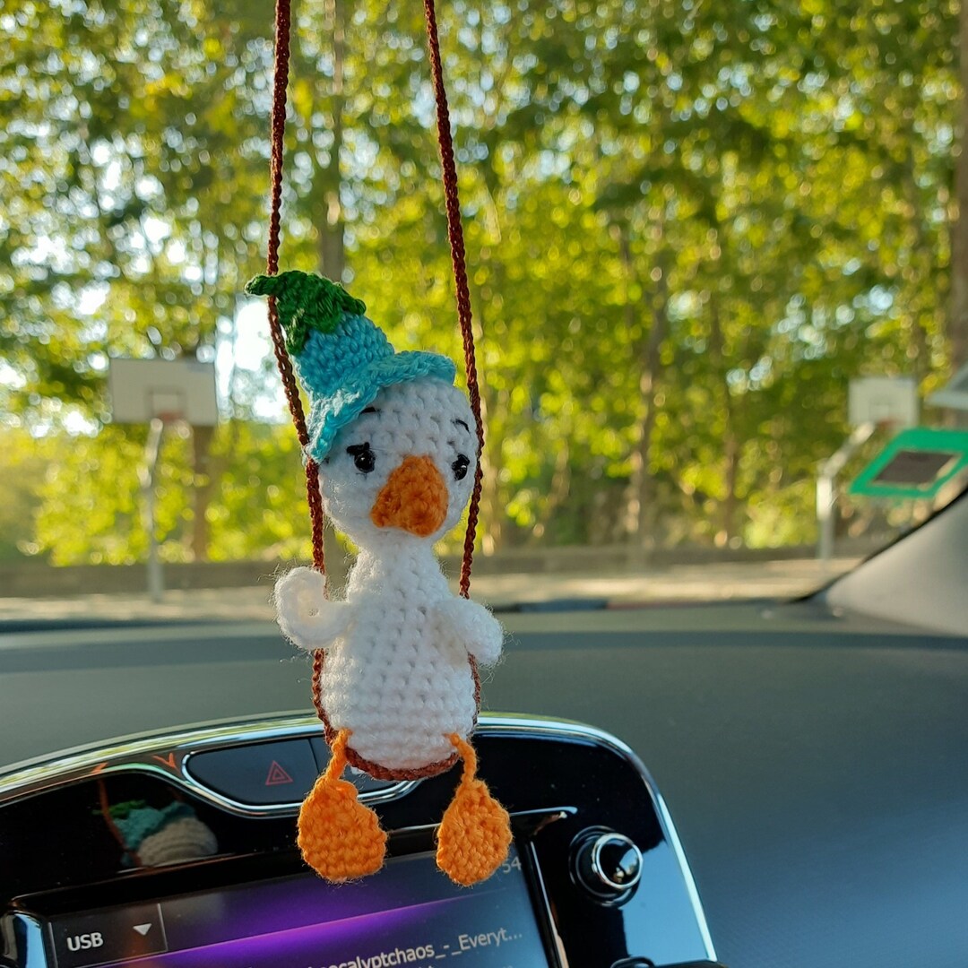 Crochet Swinging White Goose With Blue Bell Flower Hat , Rear View ...