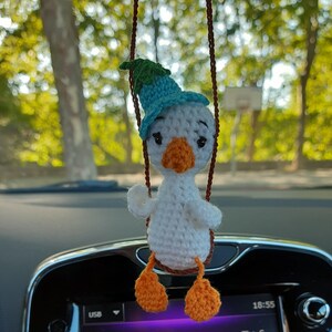 Crochet Swinging White Goose With Blue Bell Flower Hat , Rear View ...