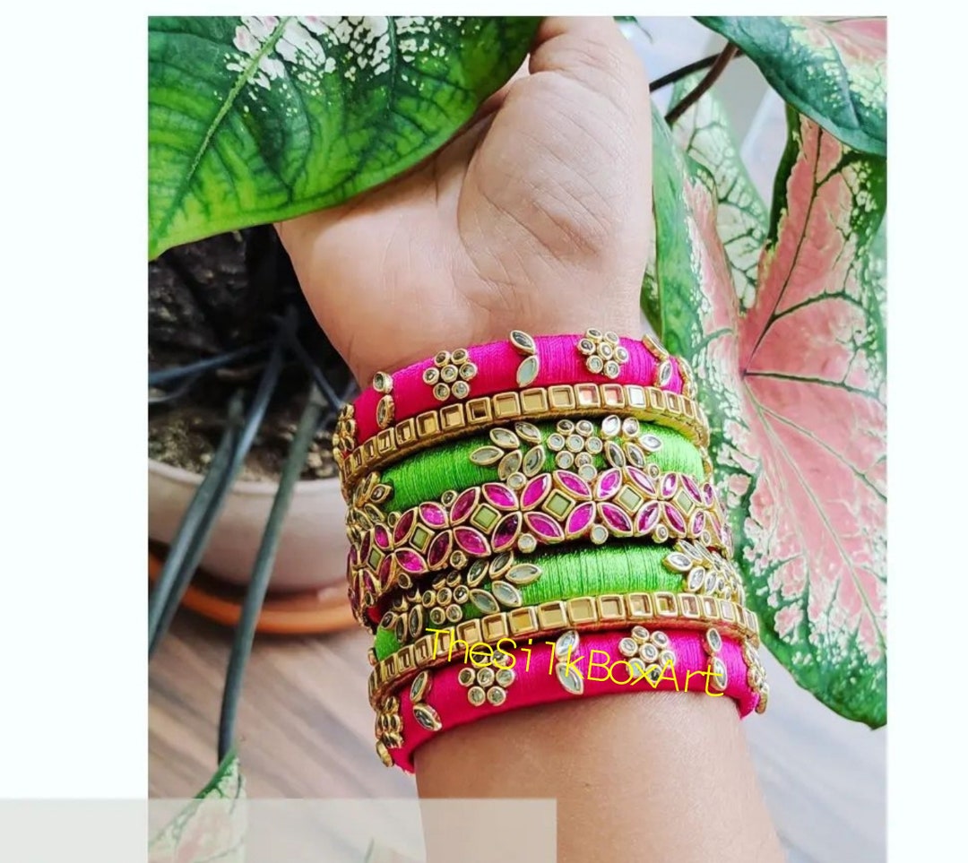 Indian Bridal Bangles - Pink and Parrot Green- Set of 7 Silk Thread ...