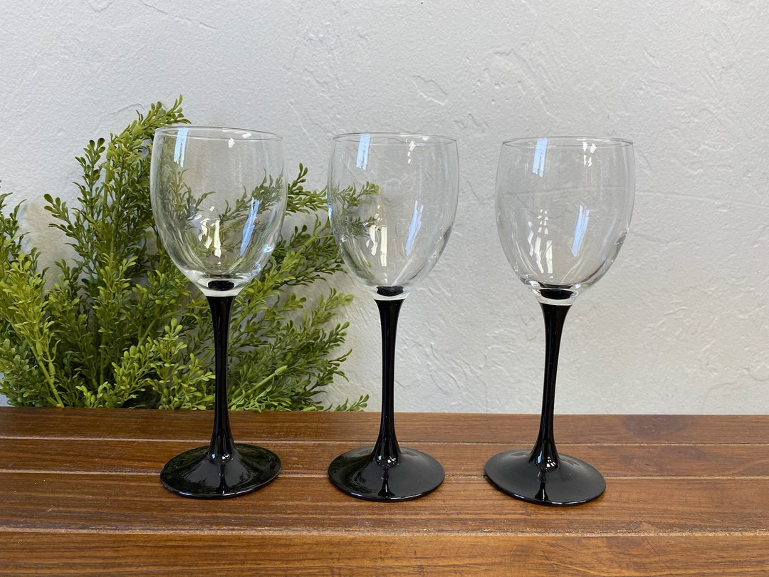 Set of Three Vintage Luminarc Black Stem Eine Glasses / Stemware Made ...