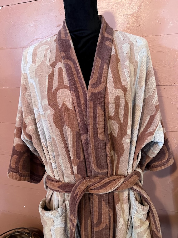 Vintage 70s Robe Mens Large Tan Brown Terry Cloth Geo… - Gem