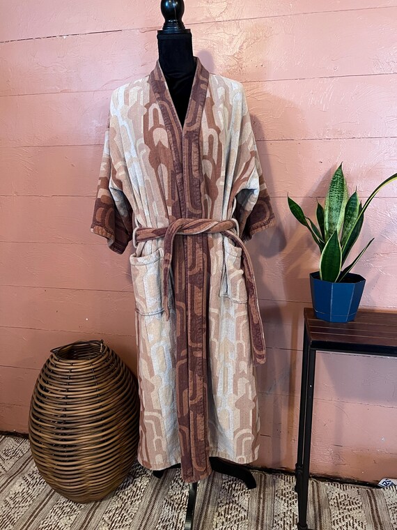 Vintage 70s Robe Mens Large Tan Brown Terry Cloth Geo… - Gem