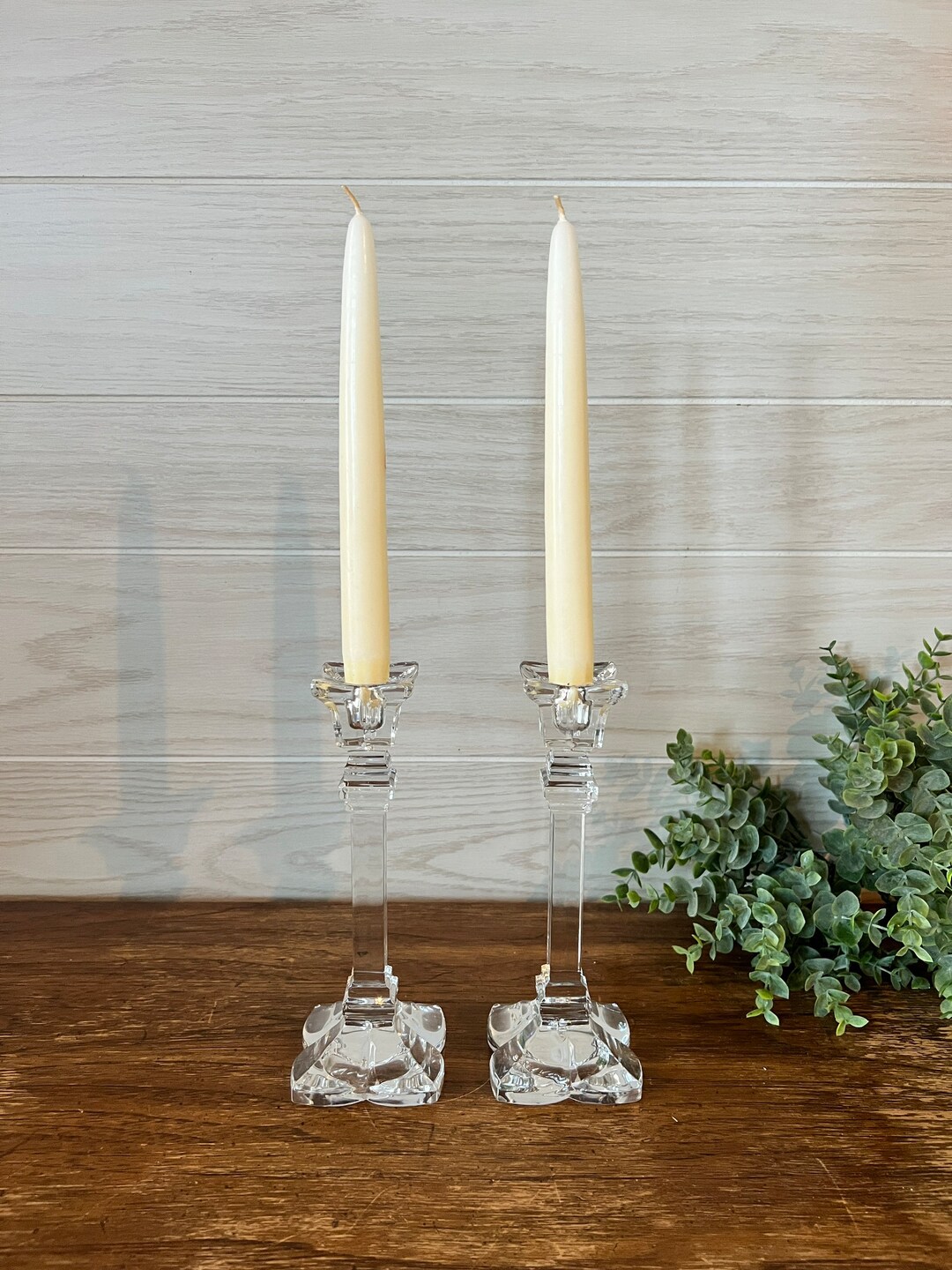 Flared Tulip Clear Glass Column Candlestick Pair - Etsy