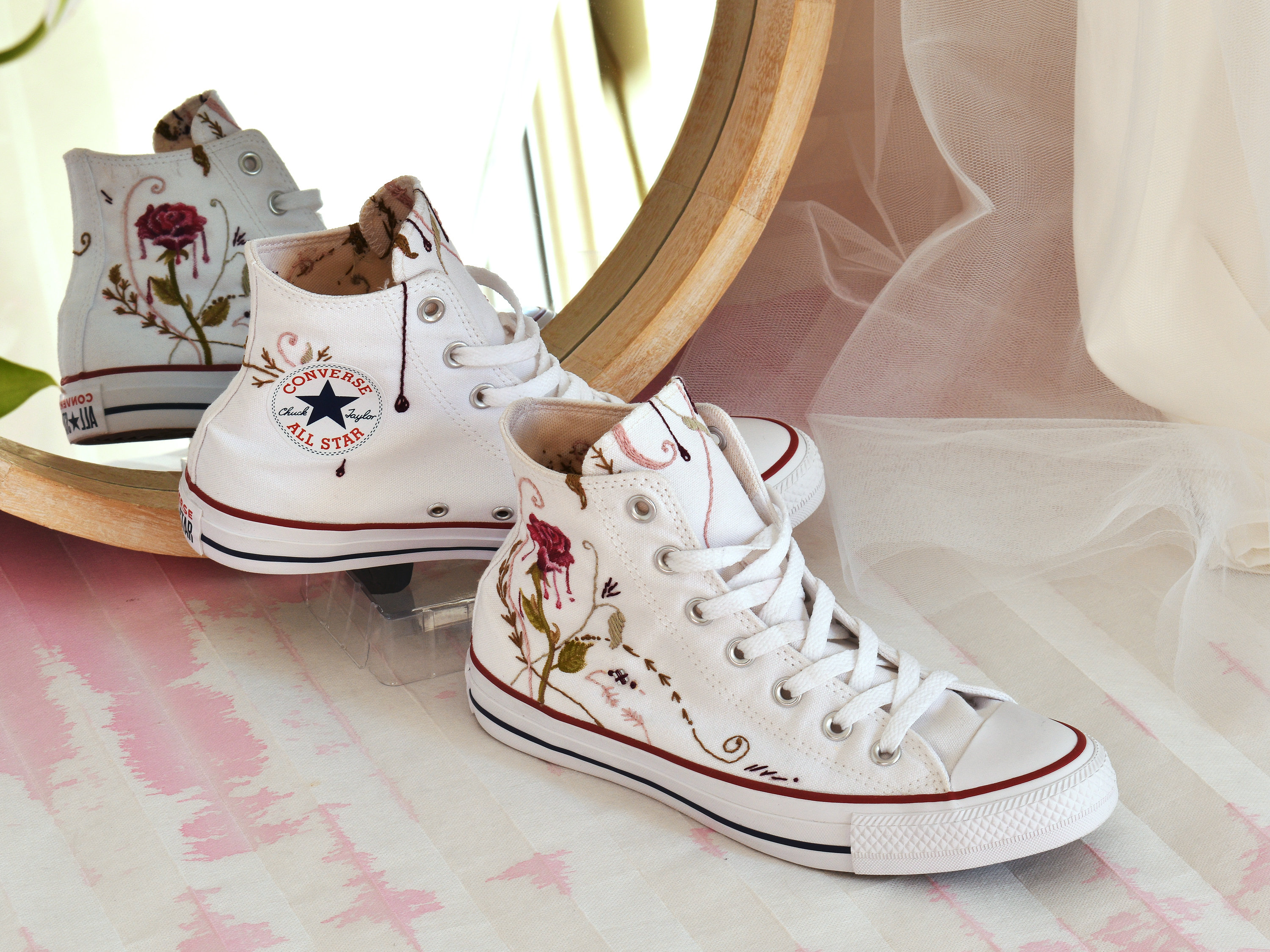 Embroidered Converse Sneakers With Painted Dripping Rose & Stitched ...