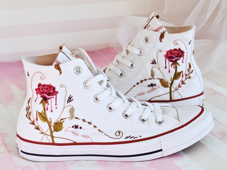 Embroidered Converse Sneakers With Painted Dripping Rose & Stitched ...