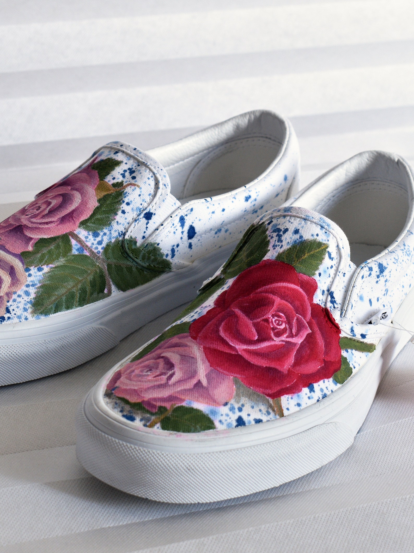 Custom Vans Sneakers With Pink and Red Roses, Grunge Floral Hand ...