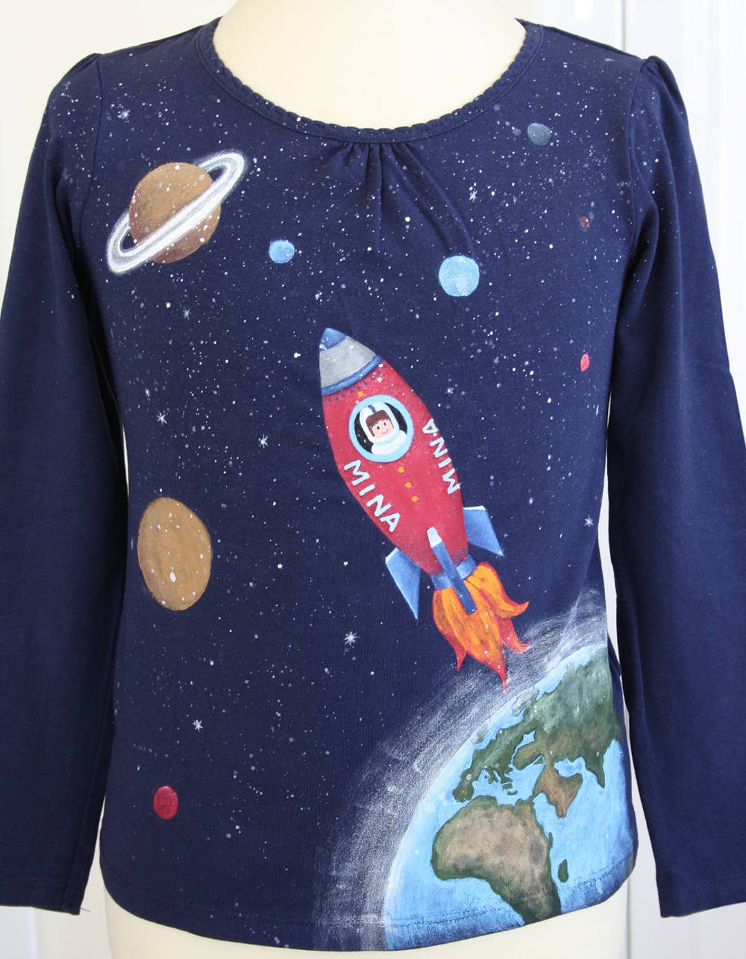 Girls Handpainted Outer Space T Shirt With Planets. Kids Earth and ...