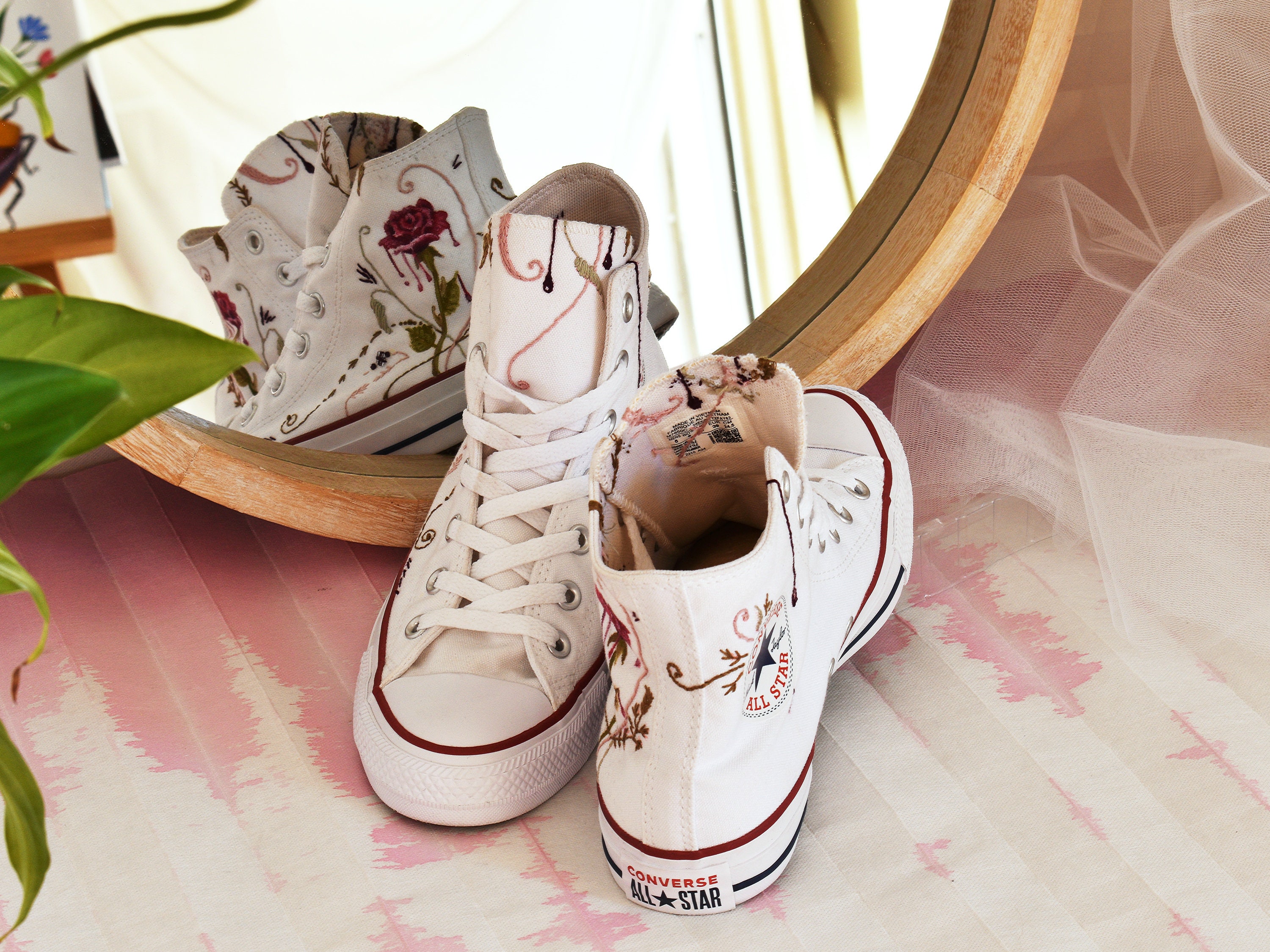 Embroidered Converse Sneakers With Painted Dripping Rose & Stitched ...
