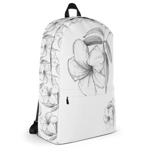 White Floral Backpack With Hand Drawn Flower Print. Minimalist ...