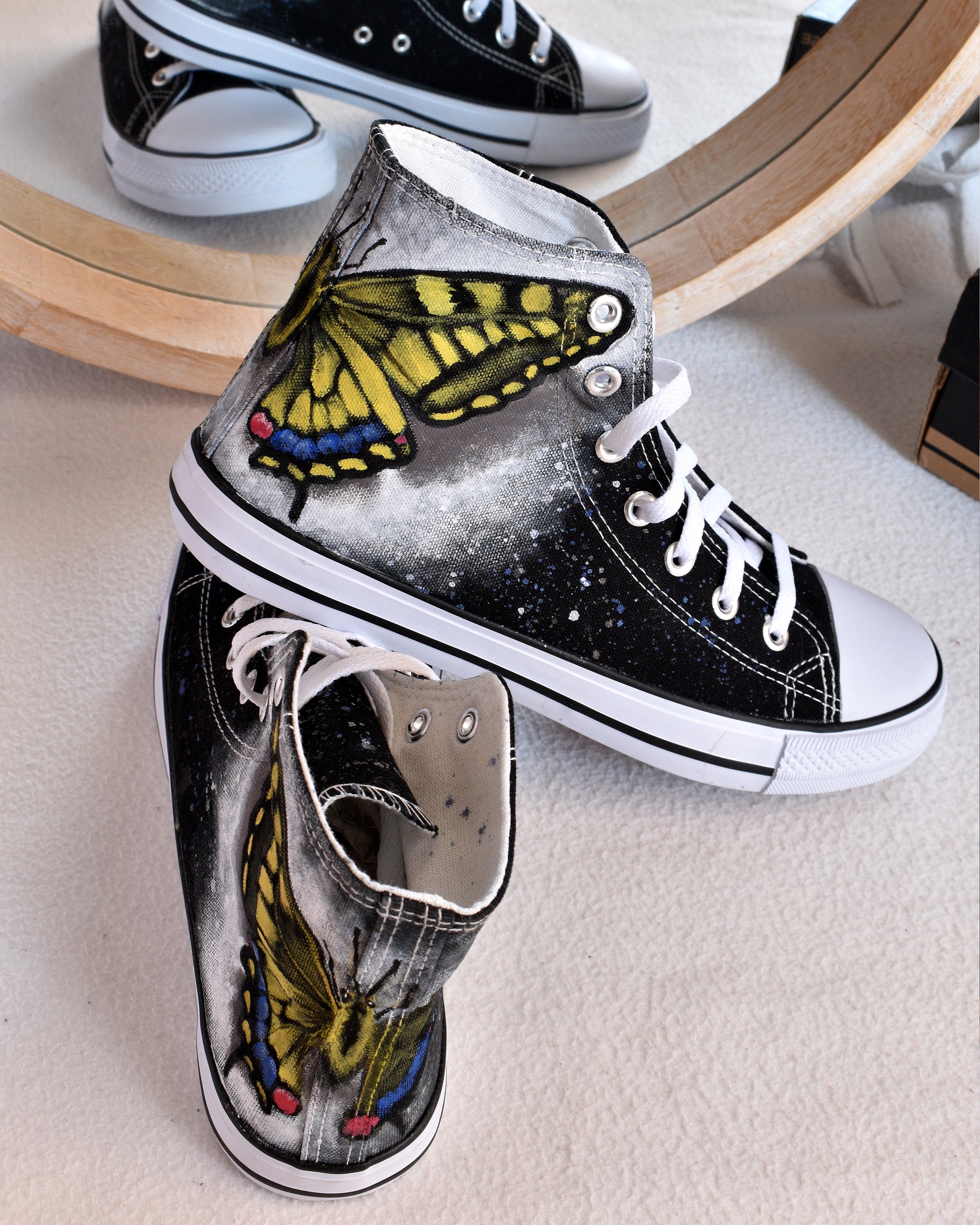 Custom Converse Trainers With Black Butterfly, Insect Hand Painted ...