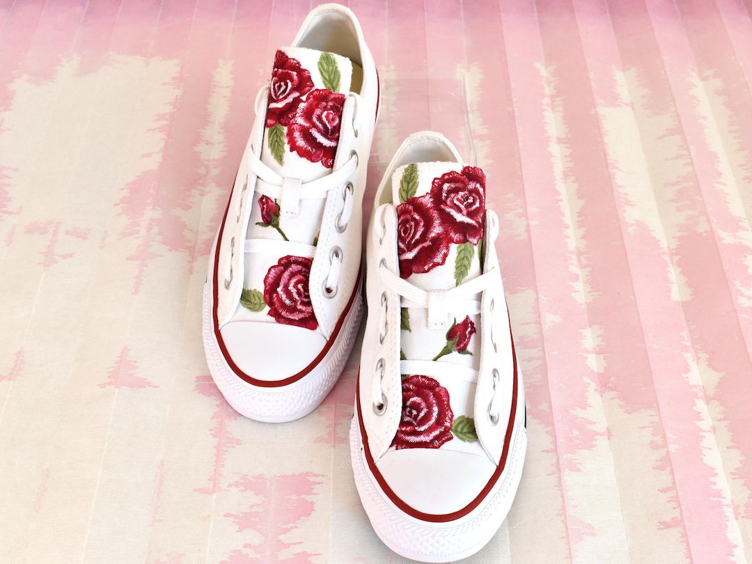 Custom Converse Sneakers With Original Painting of Red Roses on Tongues ...
