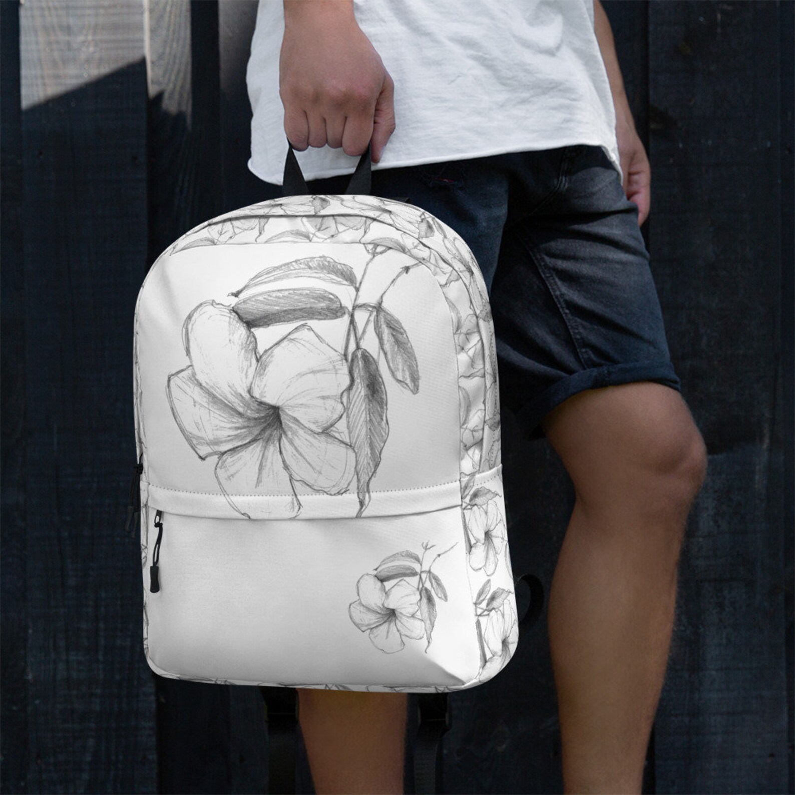 White Floral Backpack With Hand Drawn Flower Print. Minimalist ...
