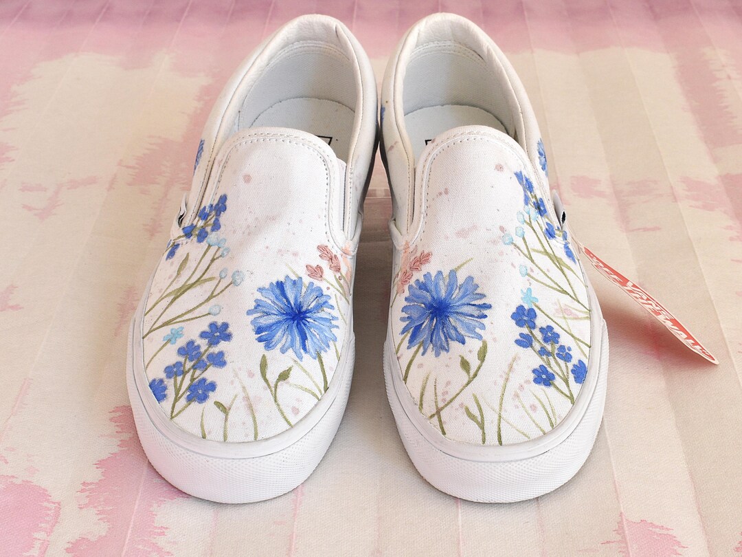 Custom Sneakers With Painted Cornflowers Blue Wildflowers & Embroidery ...