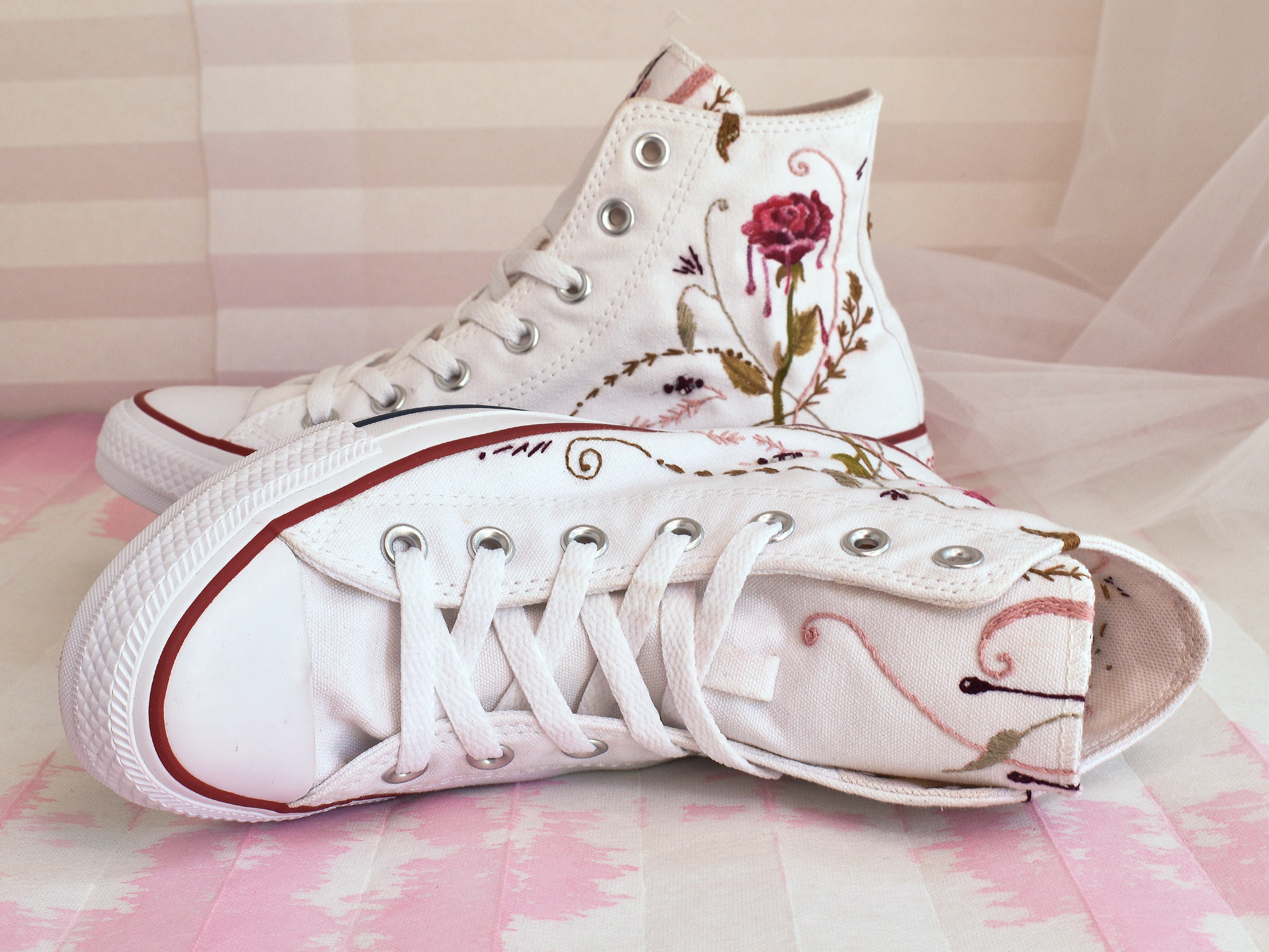Embroidered Converse Sneakers With Painted Dripping Rose & Stitched ...
