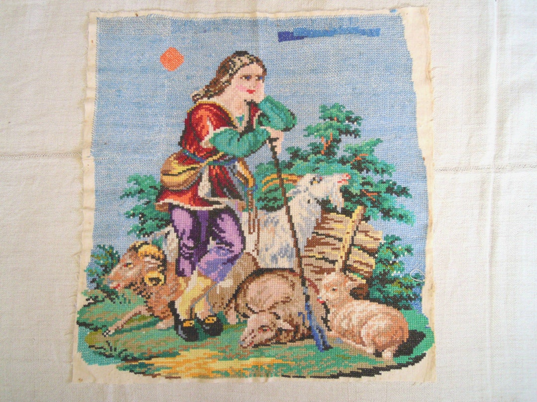 Embroidered Picture, Shepherd, Herdsman, Hand Embroidered, Old ...