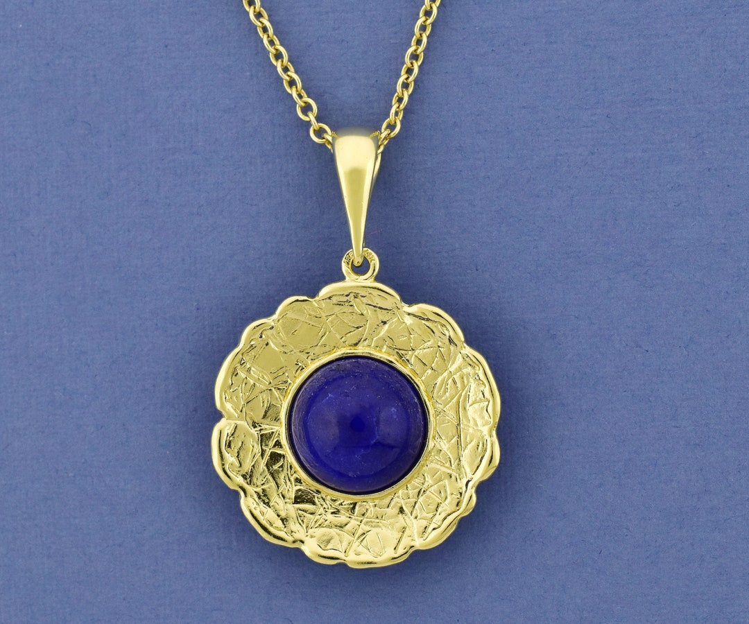 Solid Gold Sodalite Medallion, 14K Circle Pendant, Classic Gold Blue ...