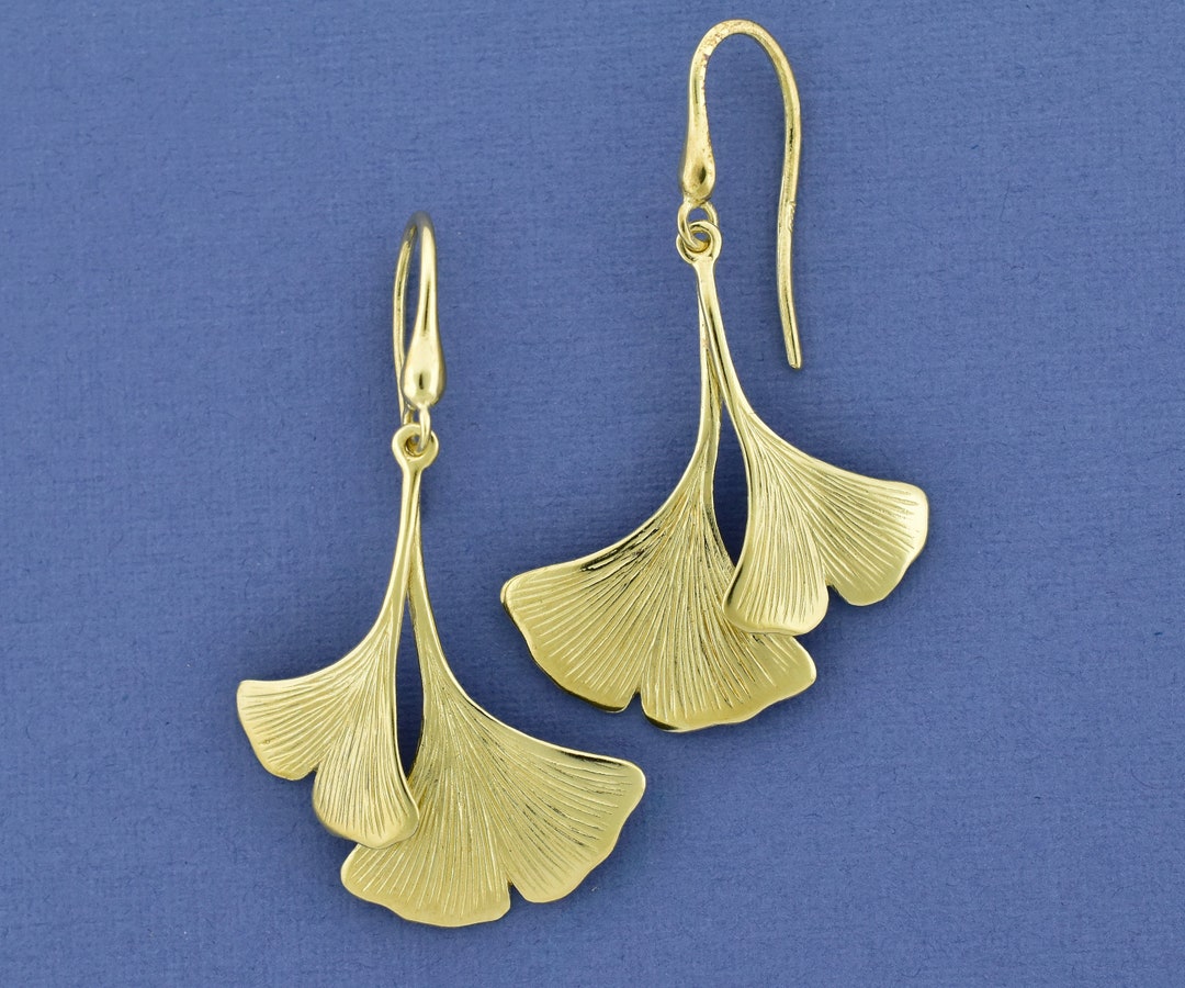 14k Double Ginkgo Leaf Earrings, Solid Gold Leaf Dangles - Etsy