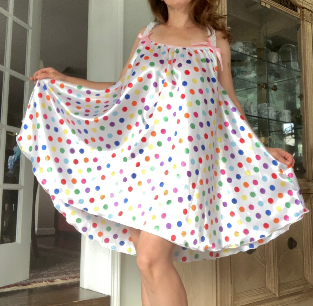 SATIN Silky Shiny Nightie Rainbow Polka Dot OS Fits Most 50s Vintage ...