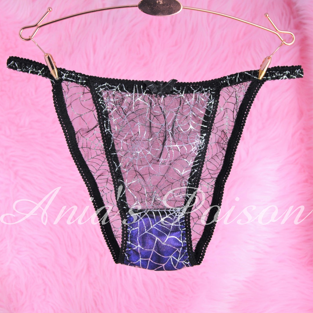 Vtg Style Halloween Ladies Spider Web Metallic Mesh Black Sissy Cheeky ...