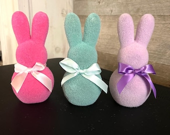 Large Flocked Bunny, Flocked Bunny With Bow and Flowers, Easter Front ...