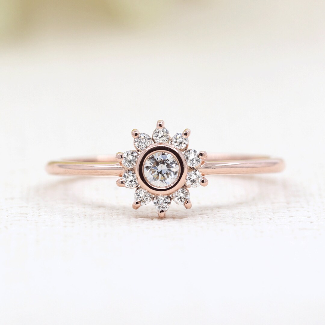14K Diamond Bezel Flower Engagement Ring / Flower Wedding Ring ...
