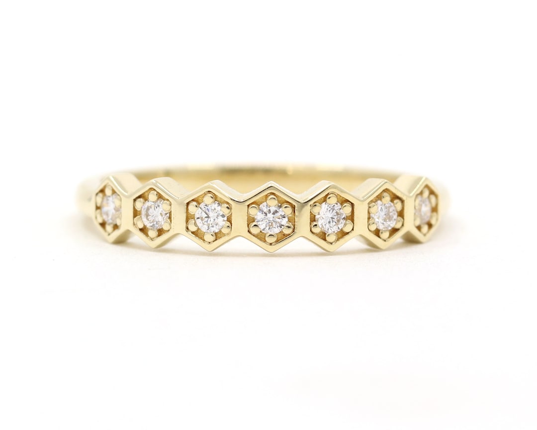 14K Diamond Hexagon Wedding Band / Hexagon Ring / Diamond Ring ...