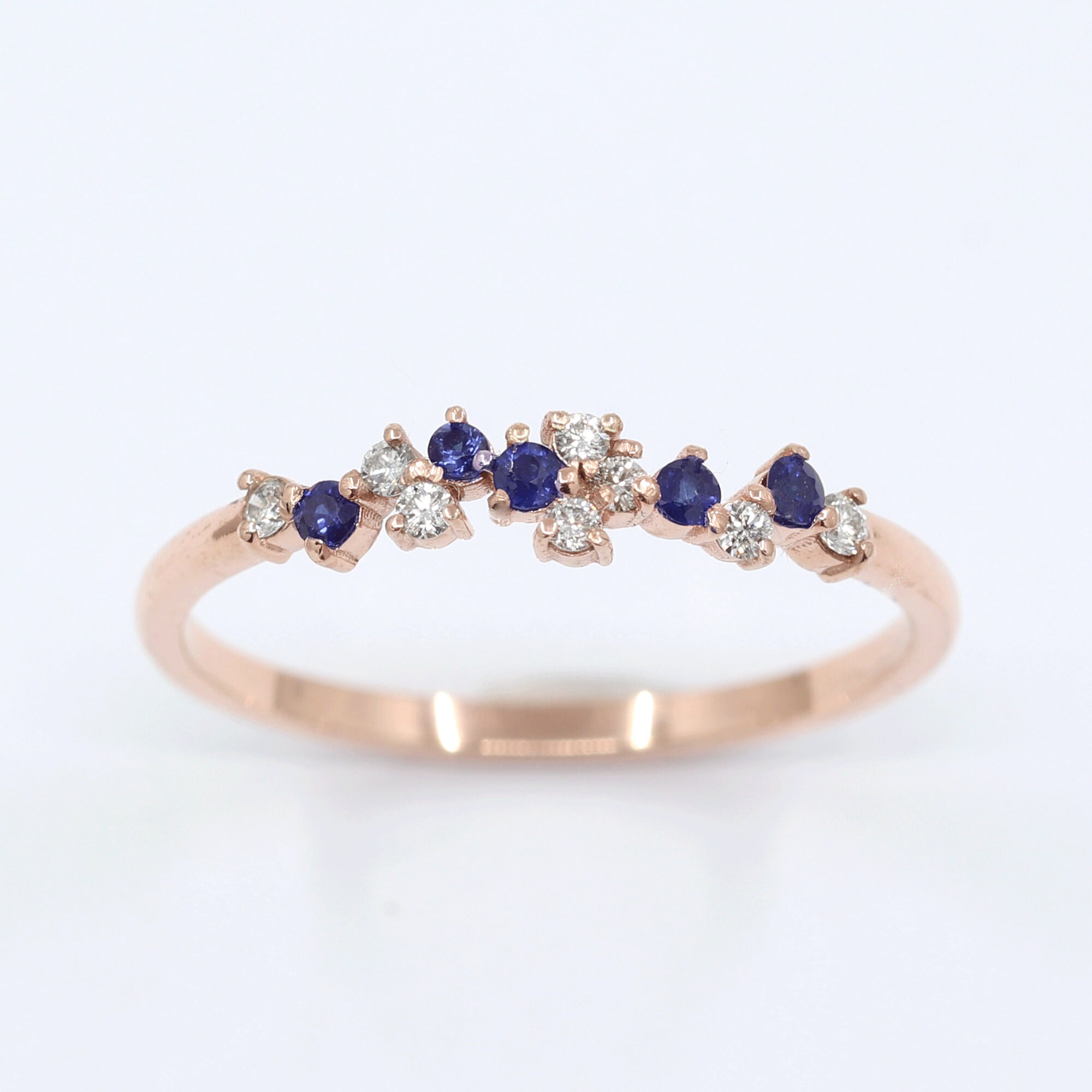 14K Blue Sapphire Diamond Cluster Ring / Diamond Ring / - Etsy