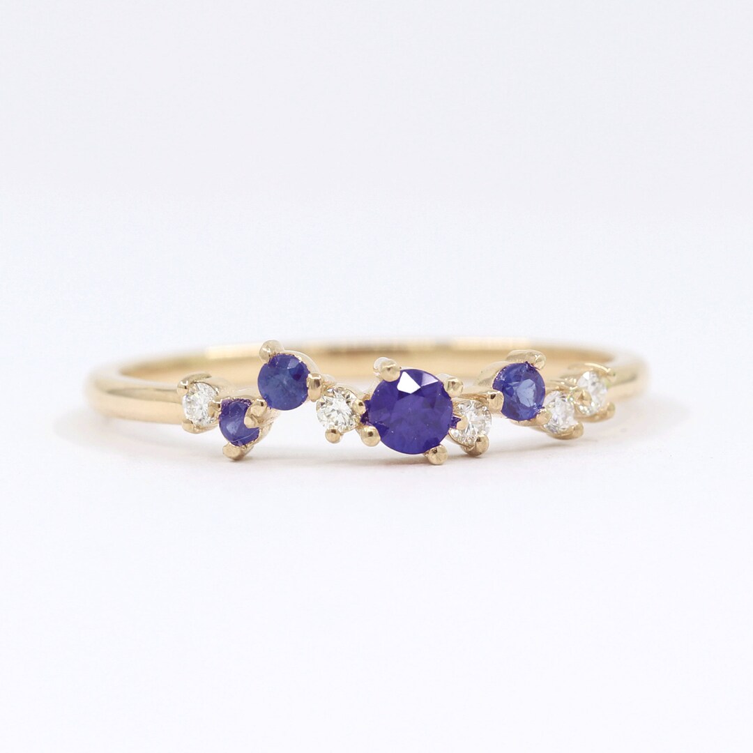 14K Round Blue Sapphire Diamond Cluster Ring / Diamond Ring / Sapphire ...