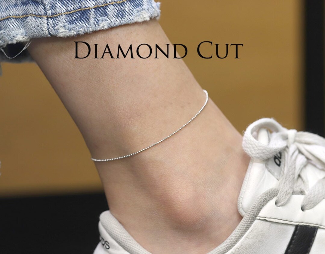 14K Gold 1mm / 1.5mm DIAMOND CUT Bead Chain Anklet / Diamond Cut Beaded ...